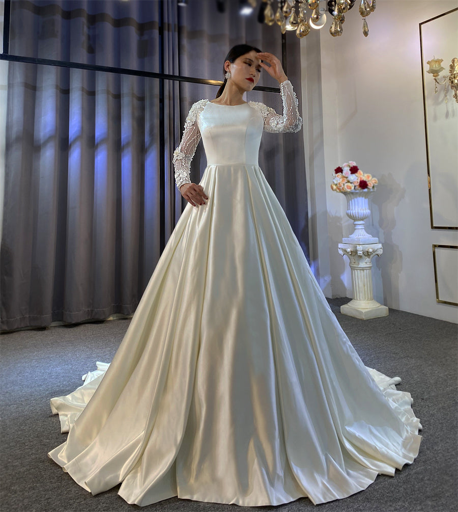 NS3940 Simple elegant plain satin wedding dress with long sleeves real ...